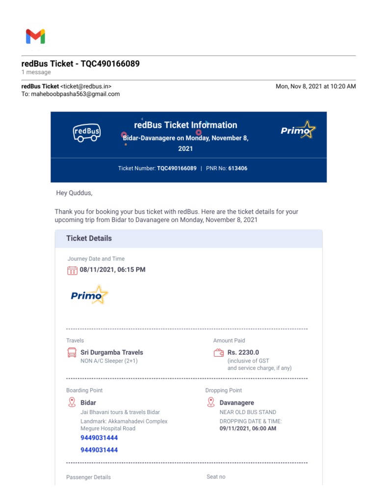 Gmail - Redbus Ticket - TQC490166089 | PDF | Ticket (Admission) | Bus