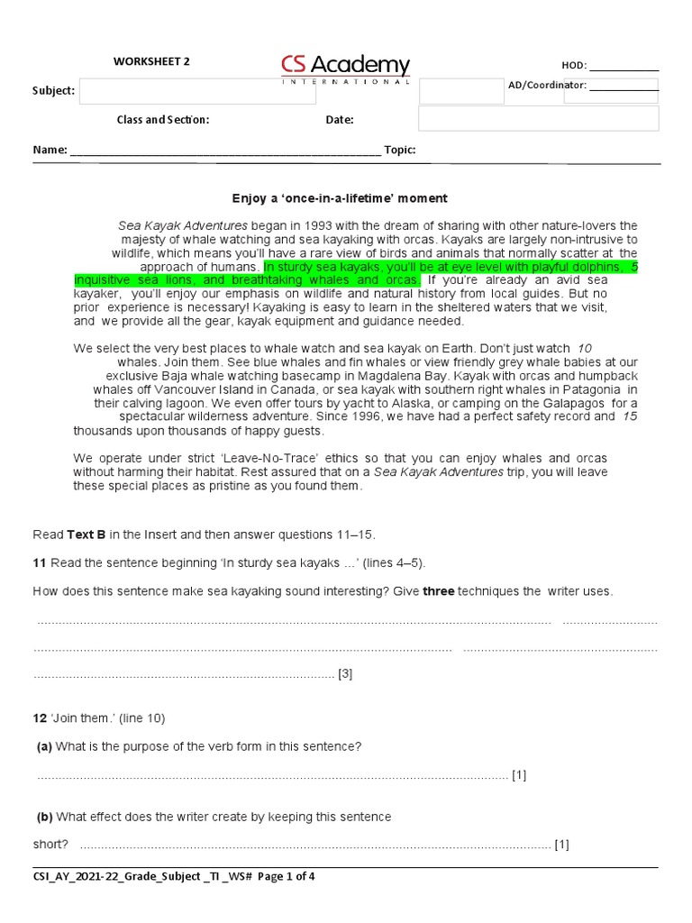 Worksheet 2: Sea Kayak Adventures Began in 1993 With The Dream of ...