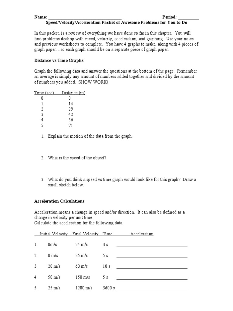 Speed/Velocity/Acceleration Packet of Awesome Problems for You to Do: An In-Depth Review of Key ...