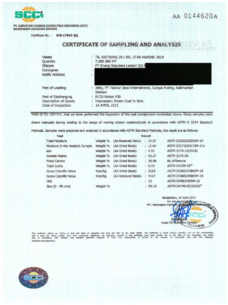 Copy Scan Certificate BJB 17843 QQ - PT. EBL - BG. STAR MARINE 3029 | PDF