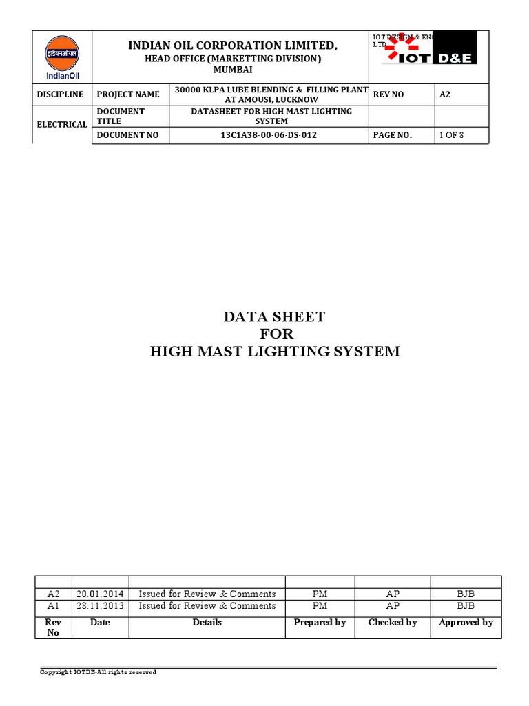 Data Sheet FOR High Mast Lighting System: Indian Oil Corporation ...