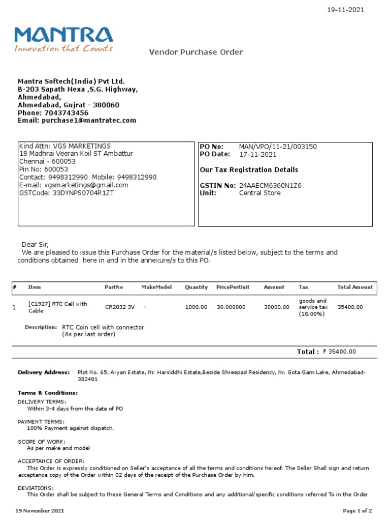 RTC Cell Purchase Order Details | PDF | Private Law | Business Law