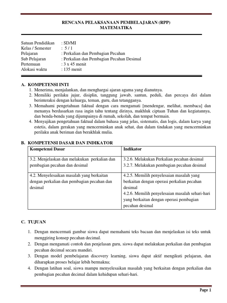 Rencana Pelaksanaan Pembelajaran (RPP) Matematika | PDF