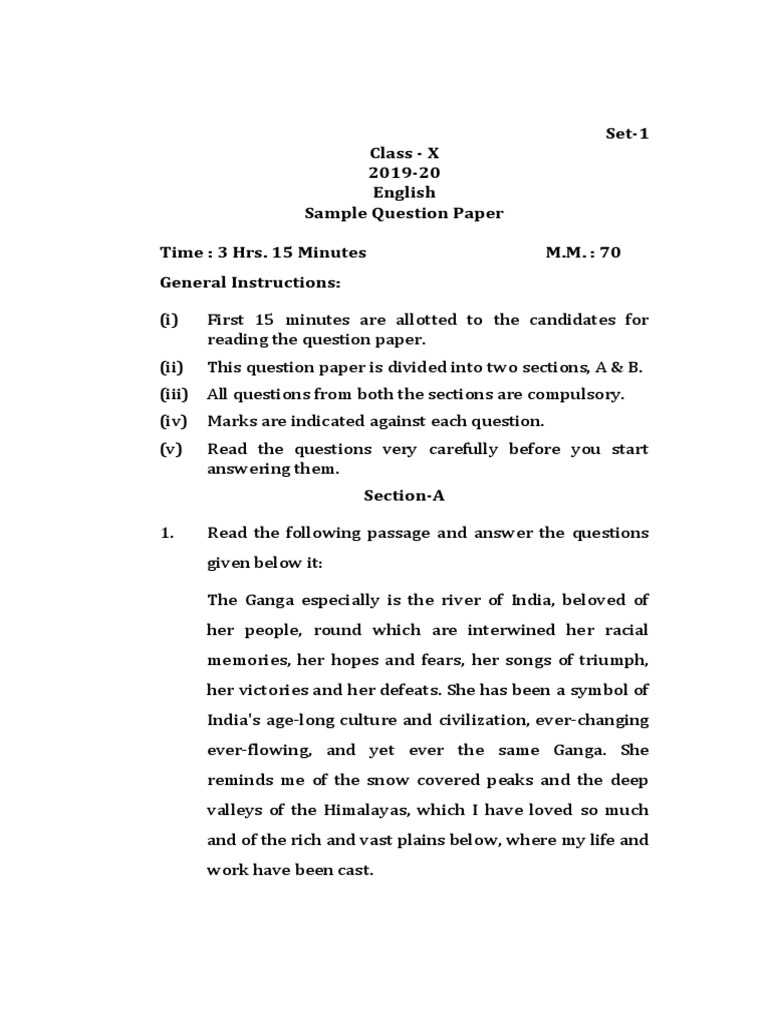 Set-1 Class - X 2019-20 English Sample Question Paper Time: 3 Hrs. 15 ...