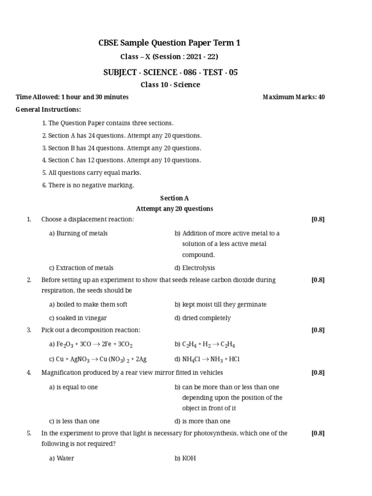CBSE Sample Question Paper Term 1 Class – X (Session : 2021 - 22 ...