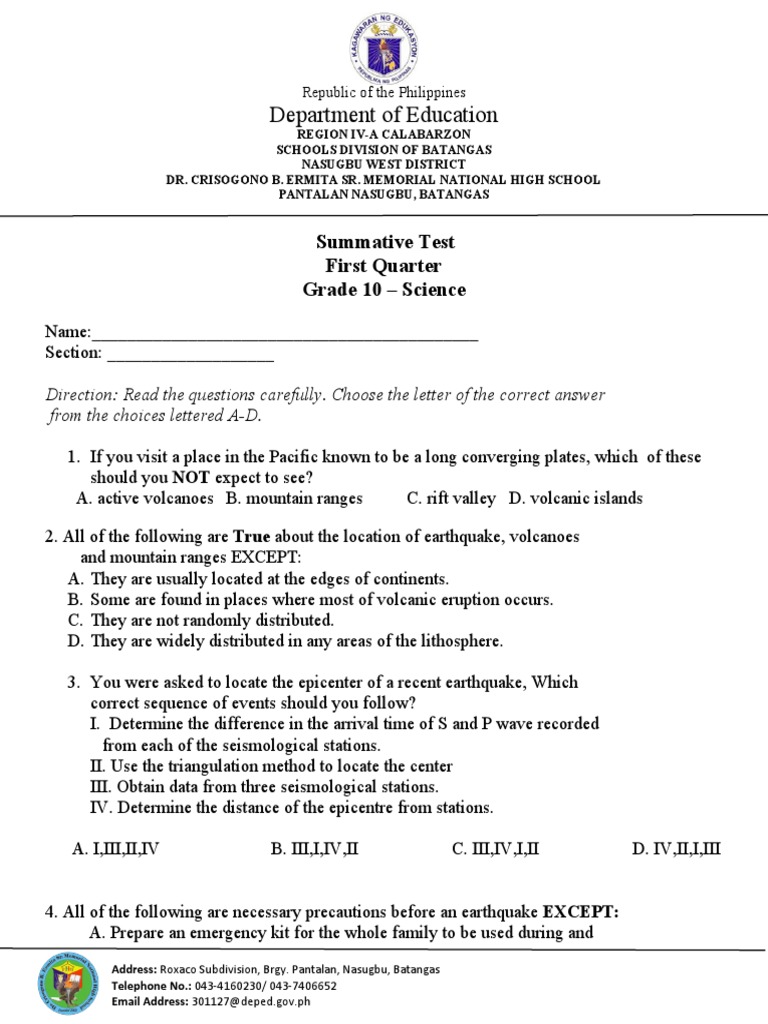Department of Education: Summative Test First Quarter Grade 10 ...