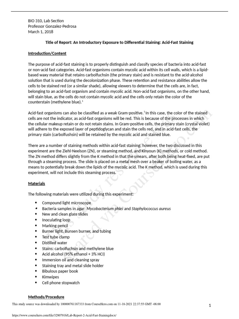 Acid-Fast Staining Lab Report | PDF | Staining | Bacteria