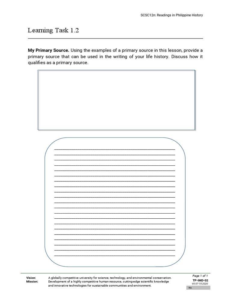 Learning Task 1.2: My Primary Source. Using The Examples of A Primary ...