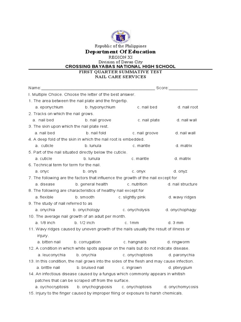 Beauty Care 1st Summative Test | PDF | Nail (Anatomy) | Diseases And ...