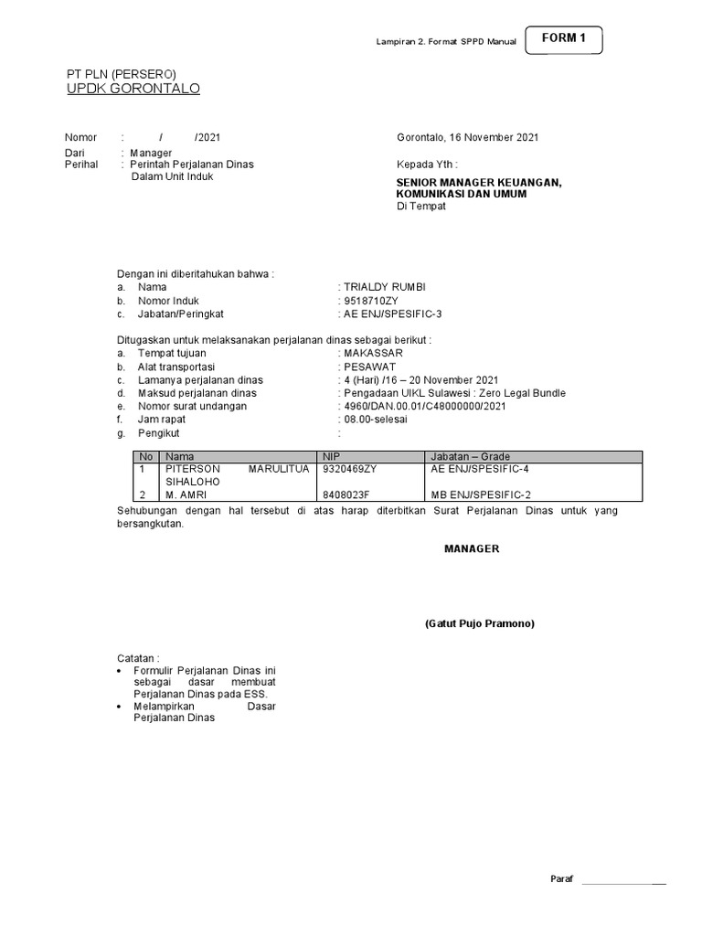Form 1 (Pengajuan SPPD Unit Pelaksana) | PDF