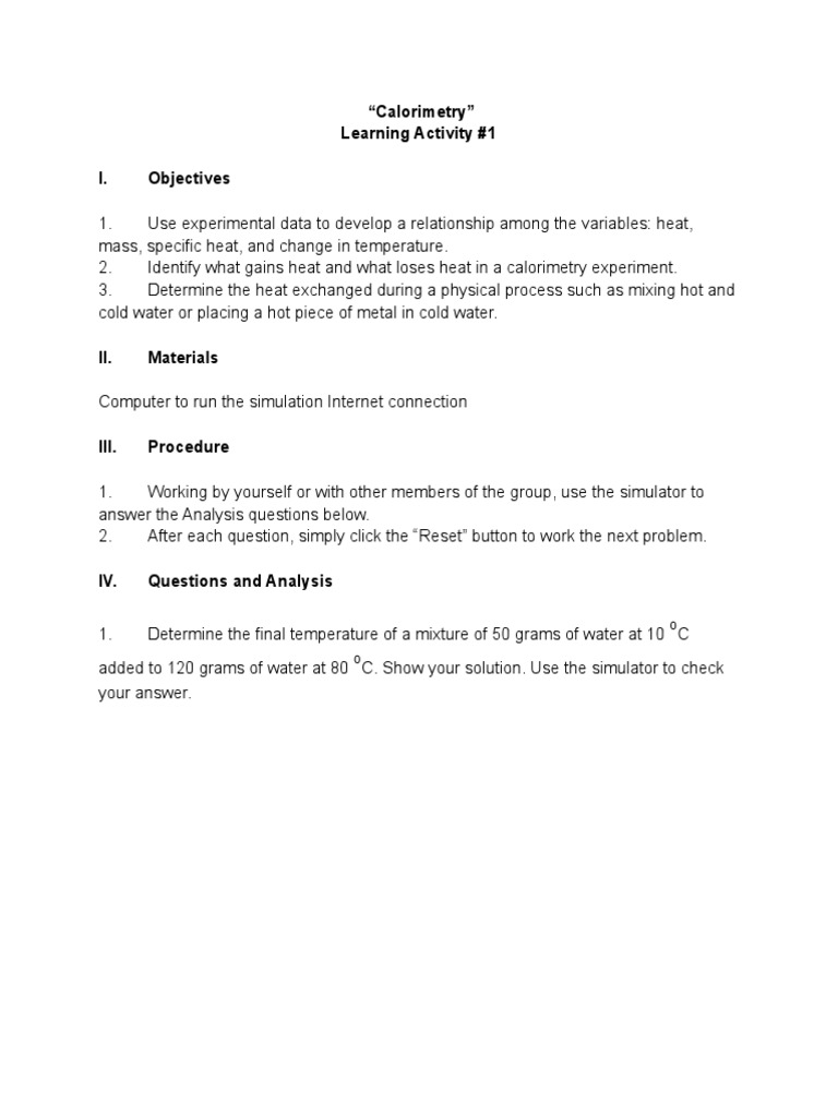 "Calorimetry" Learning Activity #1 I. Objectives | PDF | Mole (Unit) | Heat