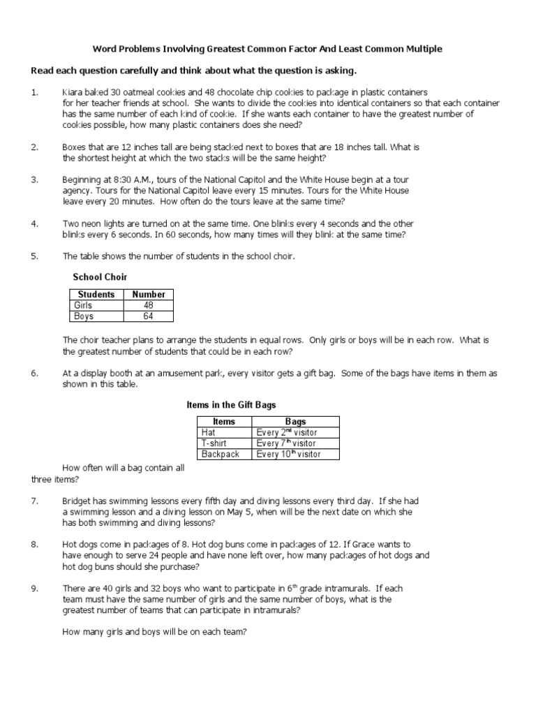 Word Problems Involving Greatest Common Factor and Least Common ...