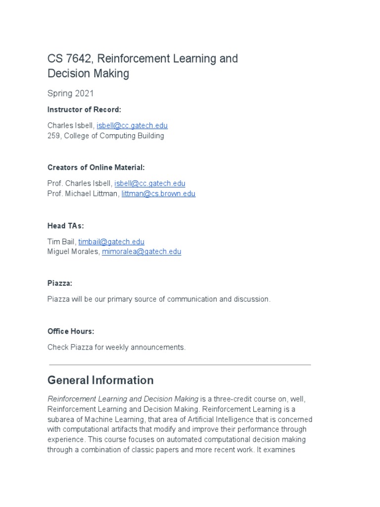 CS 7642: Reinforcement Learning Syllabus | PDF | Learning | Test ...