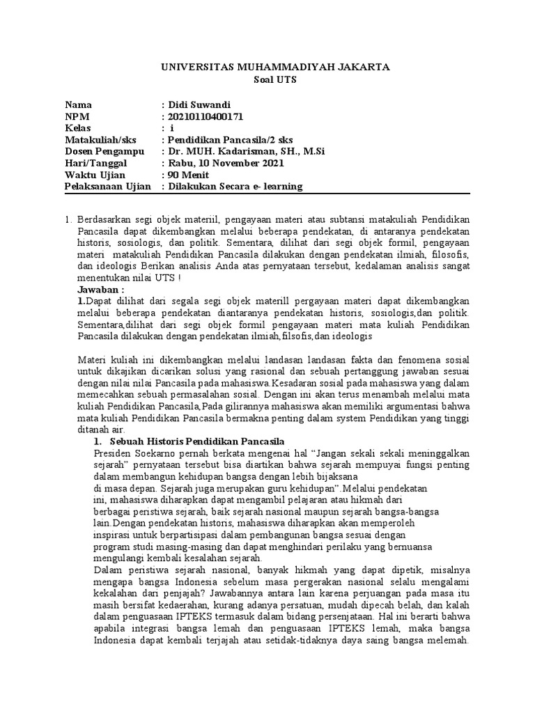 Didi Suwandi - Uts Pancasila Kelas I | PDF