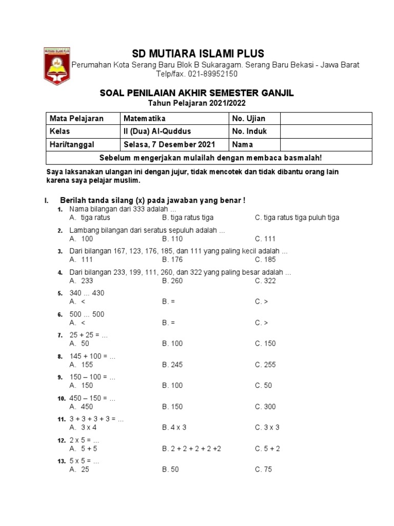 SD Mutiara Islami Plus: Soal Penilaian Akhir Semester Ganjil | PDF