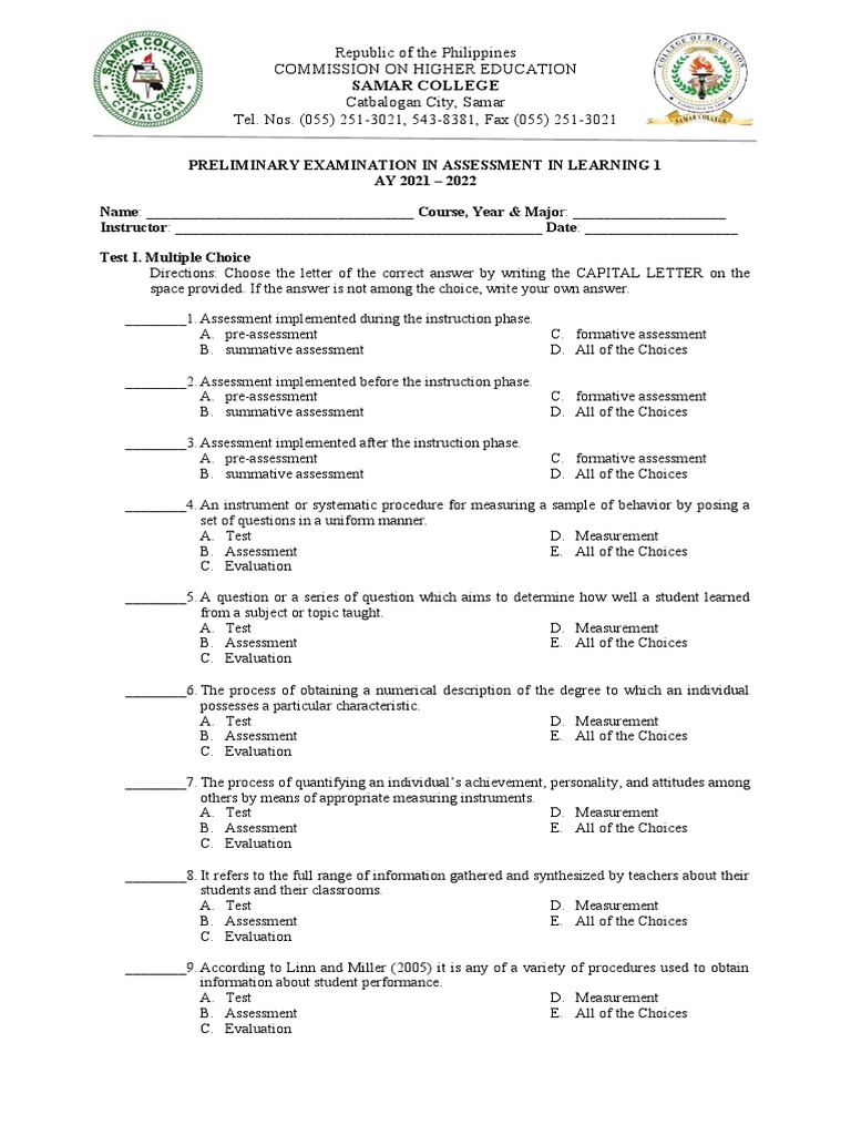 Preliminary Exam in Assessment 1 | PDF | Educational Assessment | Test ...