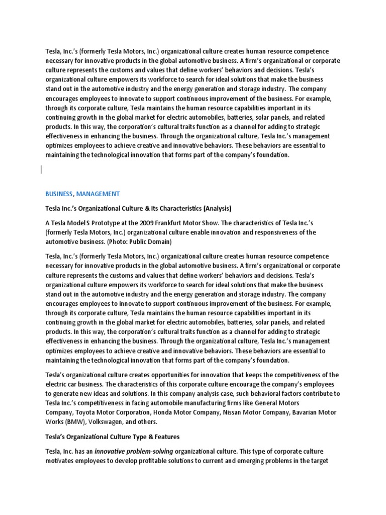 Business Management: Tesla Inc.'s Organizational Culture & Its ...