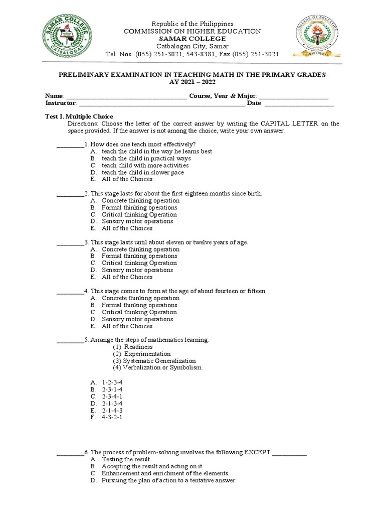 Preliminary Exam: Teaching Math Basics | PDF | Teaching Mathematics ...