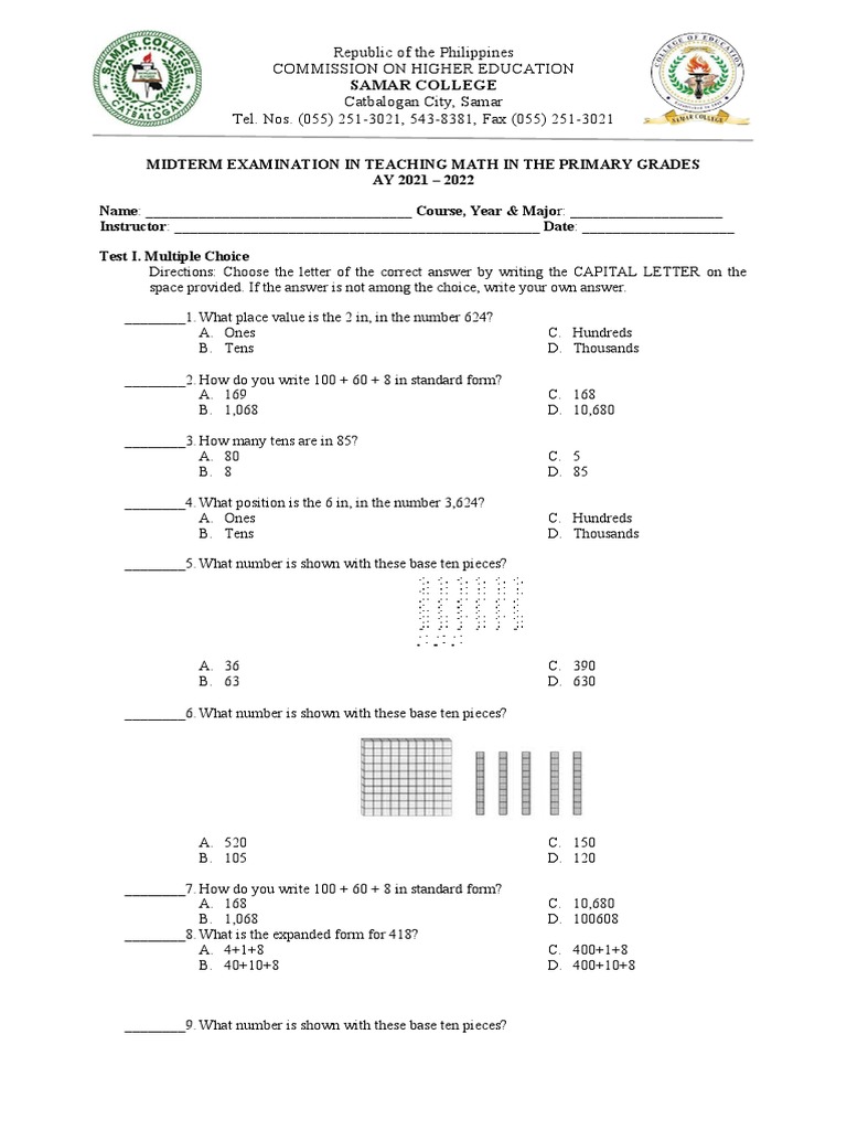 Midterm in Teaching Math in The Primary Grades | PDF | Division (Mathematics) | Numbers