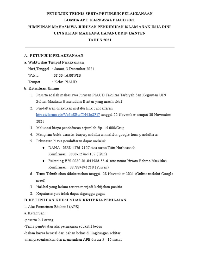 Petunjuk Lomba APE PIAUD 2021 | PDF