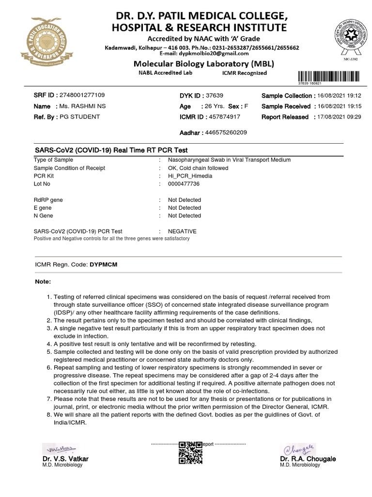 Sars-Cov2 (Covid-19) Real Time RT PCR Test: Positive and Negative ...