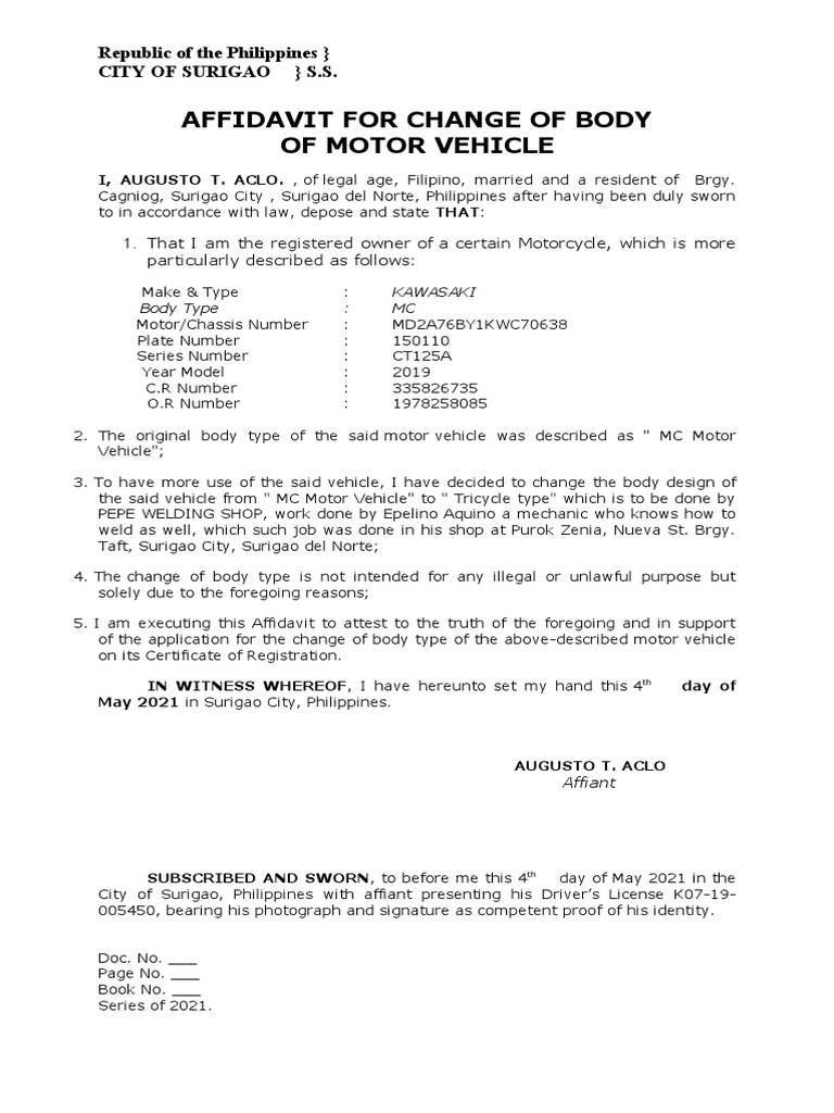 Affidavit of Change of Motor Body-Aclo | PDF