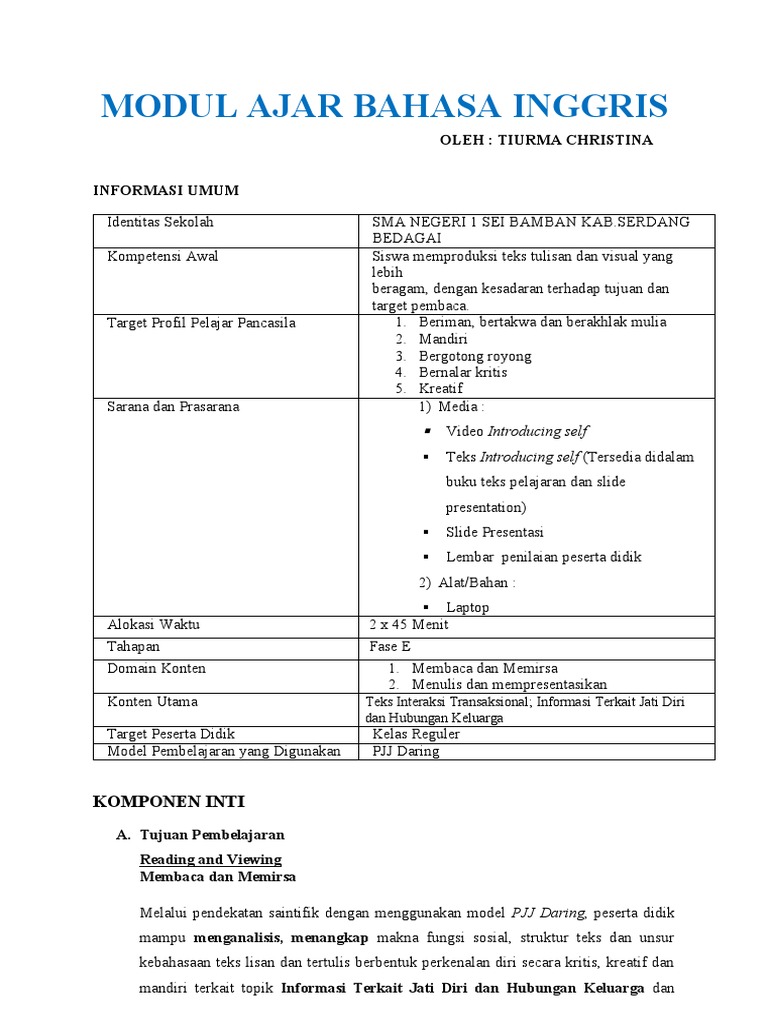 Modul Ajar Introducing Self | PDF | Sains & Matematika