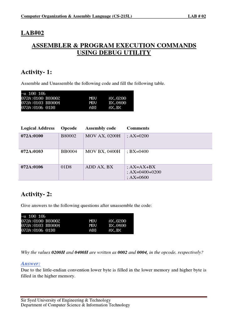 LAB#02 Assembler & Program Execution Commands Using Debug Utility | PDF | Assembly Language ...