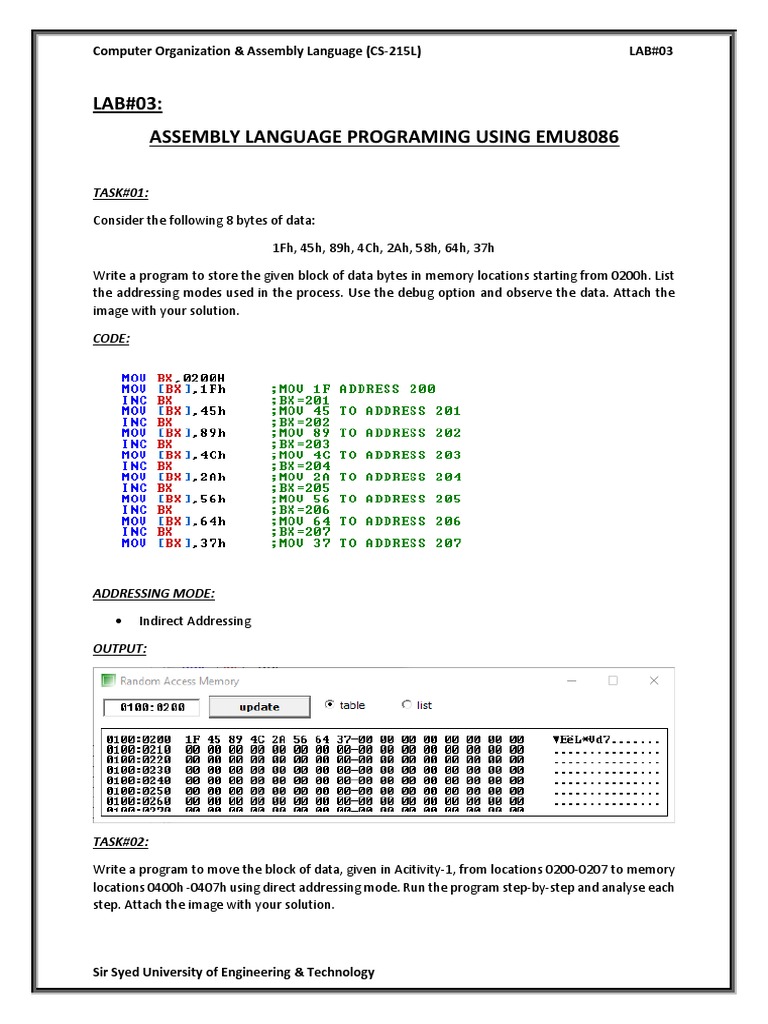 CS-215L LAB03 Assembly Language Programming | PDF | Assembly Language | Computer Hardware
