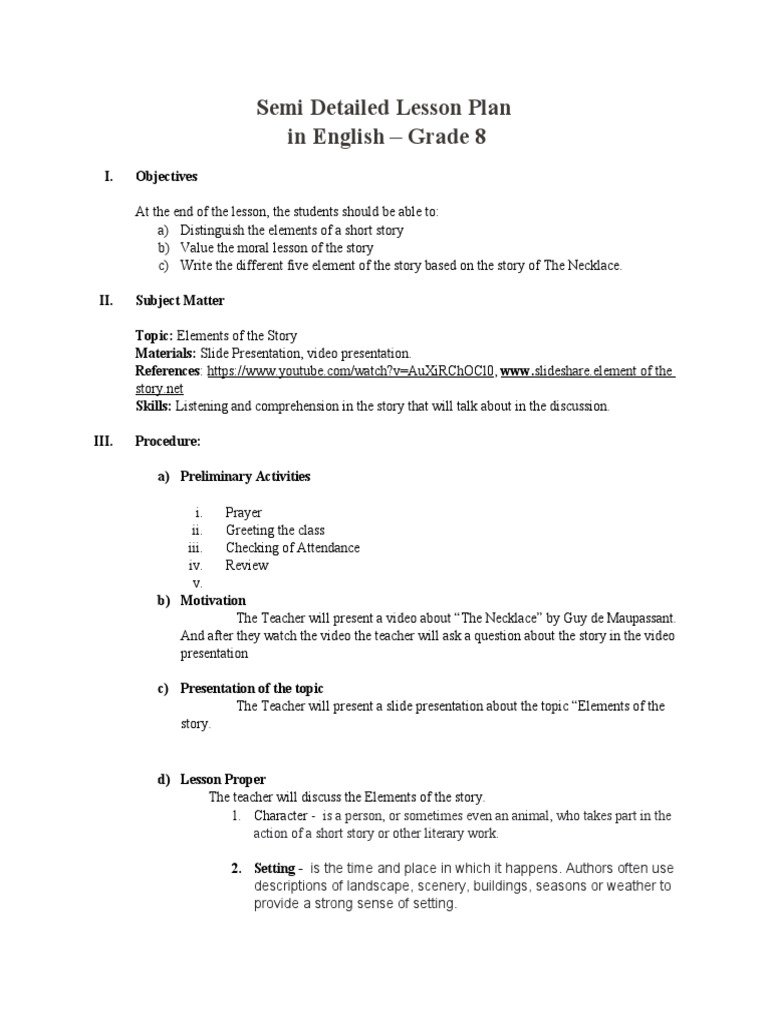 Grade 8 Lesson Plan: Story Elements | PDF | Lesson Plan | Plot (Narrative)