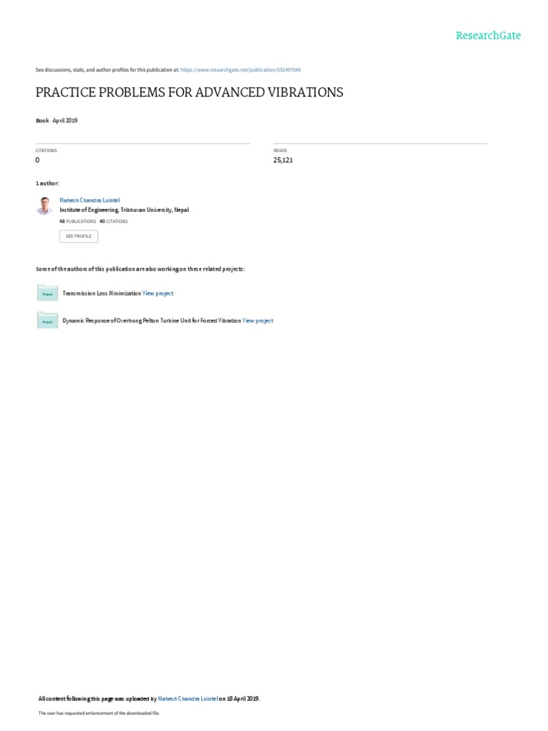 Practice Problems For Advanced Vibrations: April 2019 | PDF | Damping | Beam (Structure)