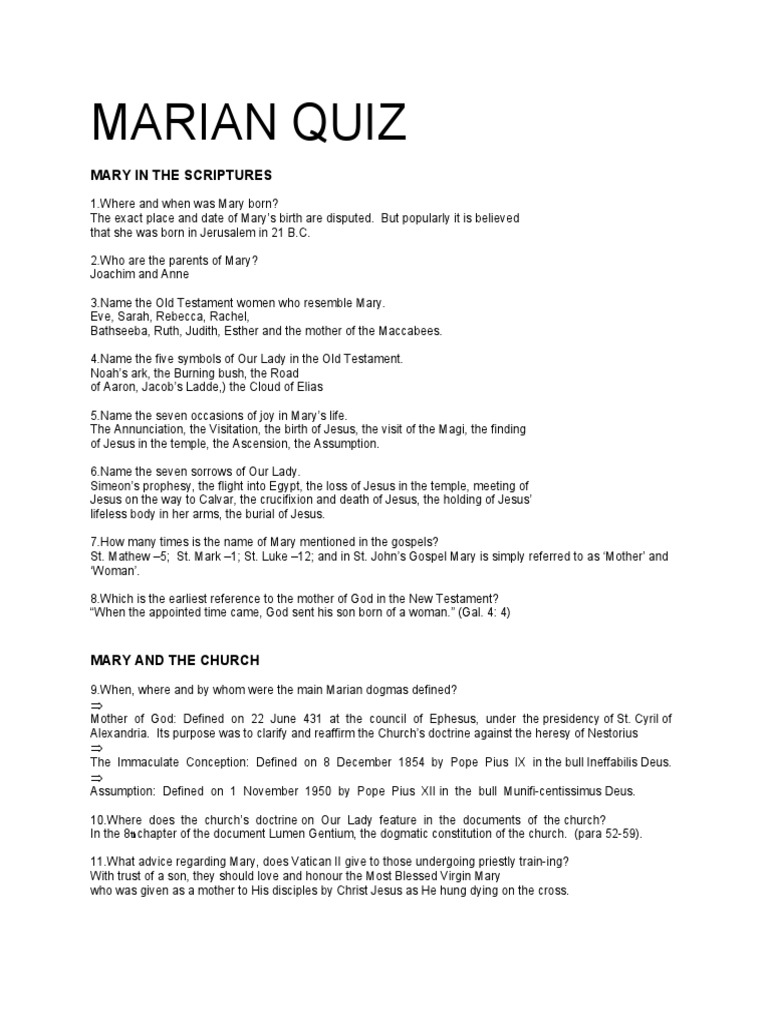 Highschool Marian Quiz Bee Reviewer | PDF | Mary, Mother Of Jesus | Rosary
