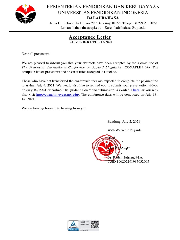 Acceptance Letter: Kementerian Pendidikan Dan Kebudayaan Universitas ...