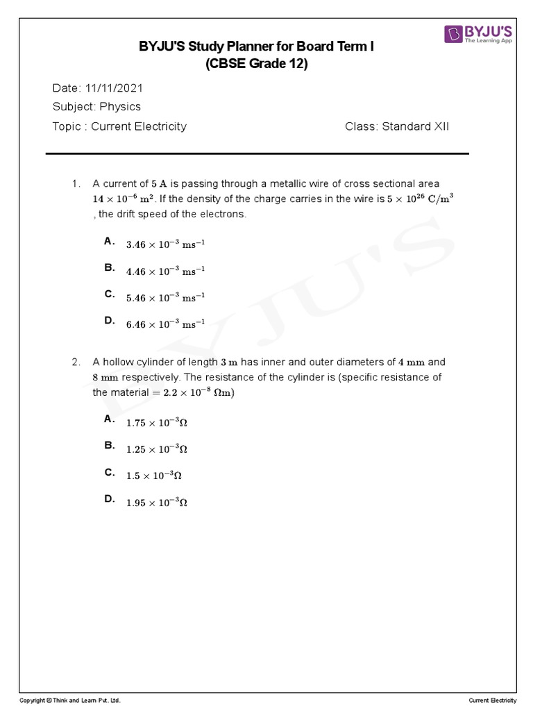 CBSE Class 12 Physics Current Electricity Practice Questions | PDF ...