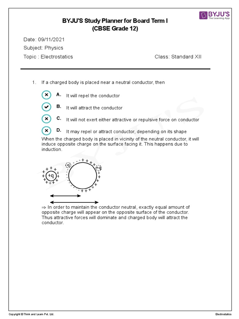 CBSE Class 12 Physics Electrostatics Practice MCQ Solutions | PDF ...