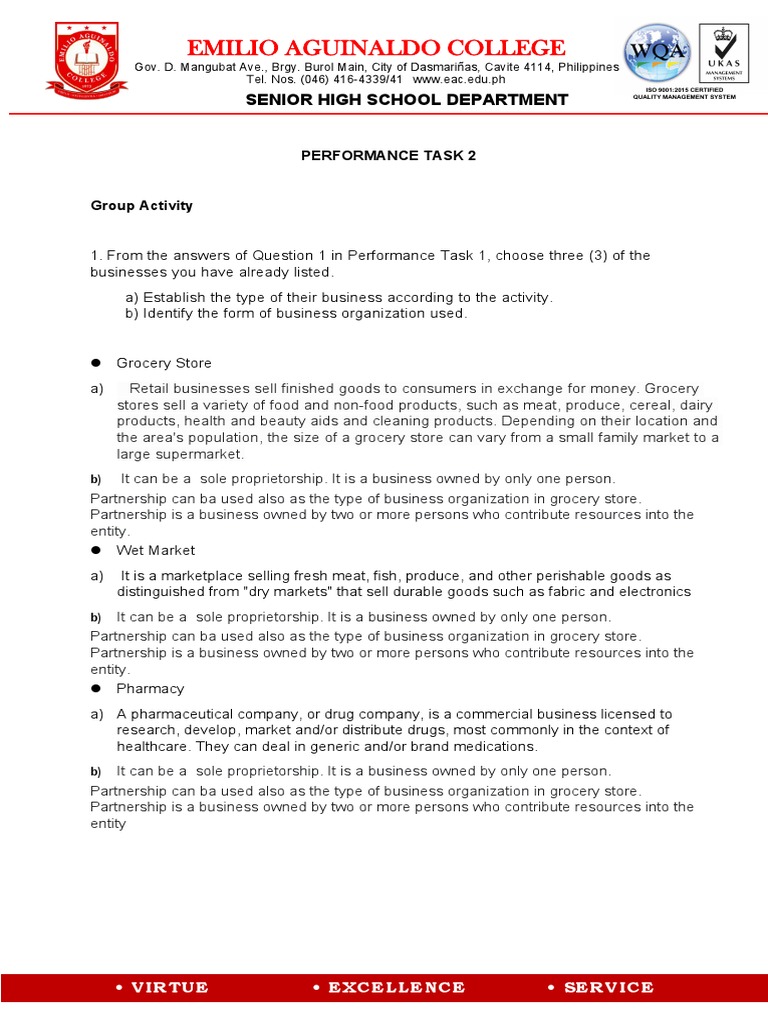 Emilio Aguinaldo College: Senior High School Department | PDF | Grocery ...