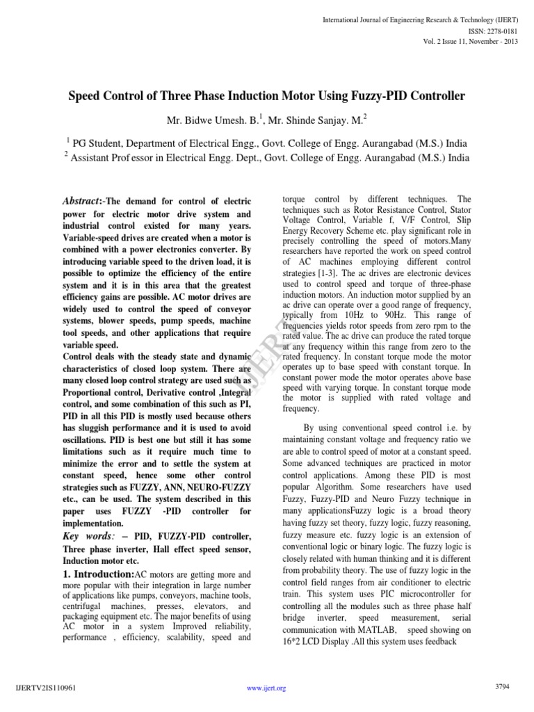Speed Control Of Three Phase Induction Motor Using Fuzzy Pid Controller Ijertv2is110961