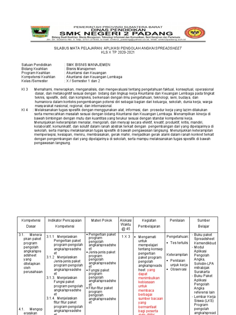 Silabus Spreadsheet SMK Bisnis | PDF