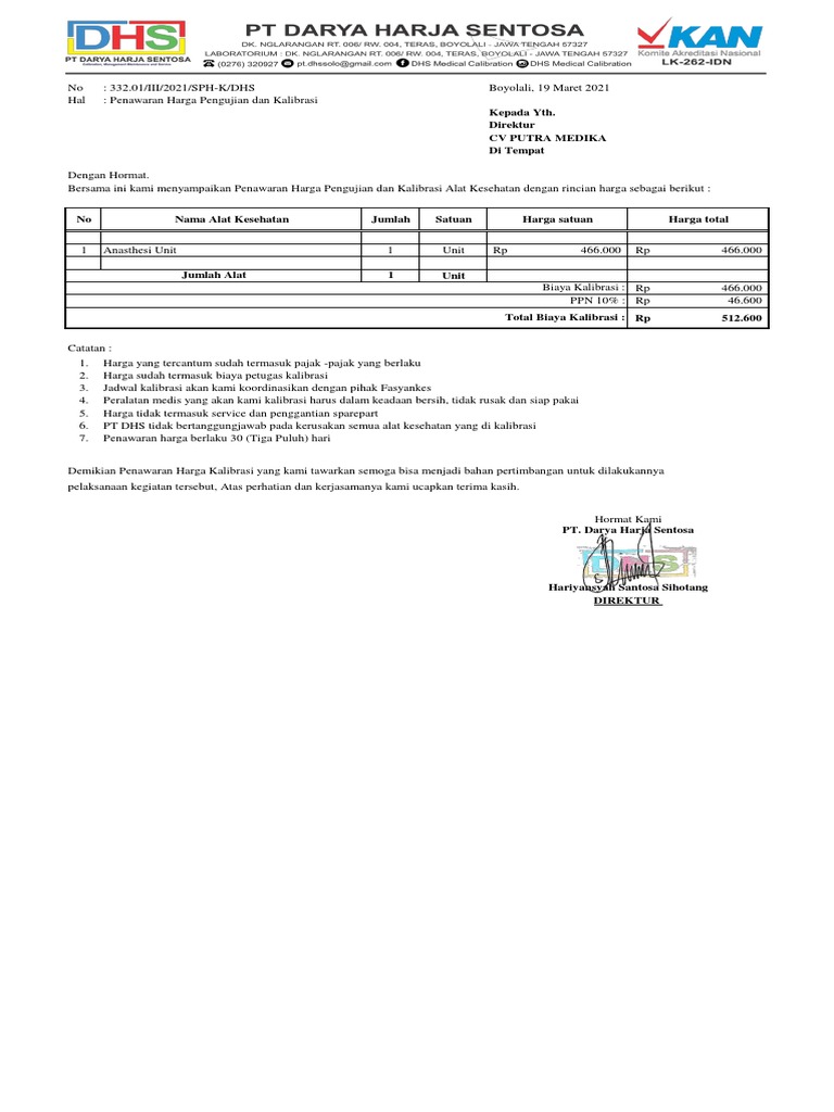 106.penawaran Kalibrasi Alat Kesehatan CV Putra Medika | PDF