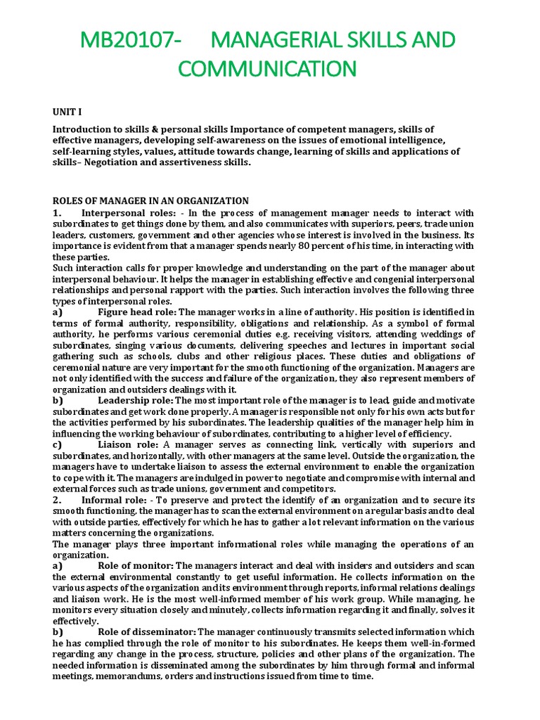 MBA - Unit 1 - MB20107 - Managerial Skills and Communication | PDF ...