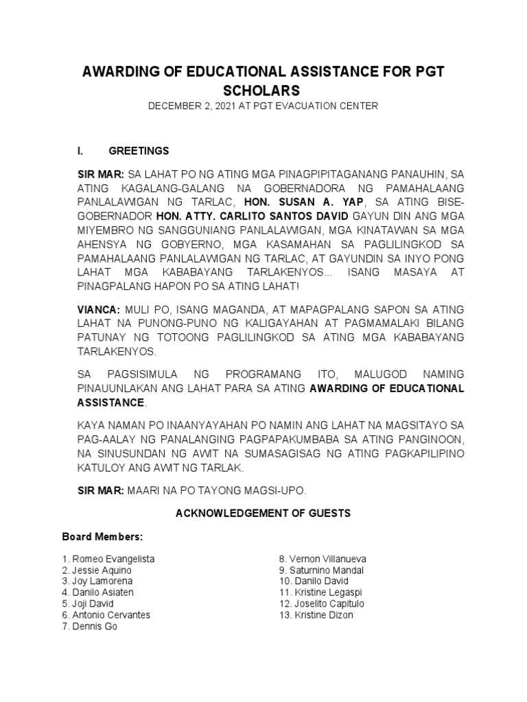 Script-Awarding of Educational Assistance 2021 Day 2 | PDF