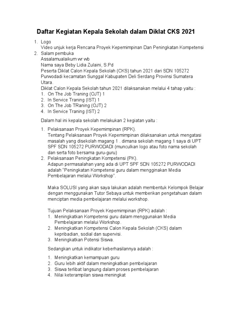 Daftar Kegiatan Kepala Sekolah Dalam Diklat CKS 2021 | PDF | Karier & Perkembangan