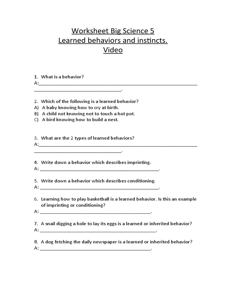 Learned Behaviors and Instincts Worksheet | PDF