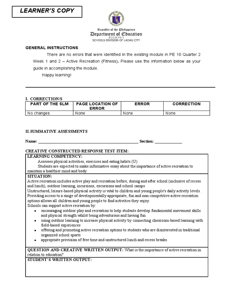 LC - G10 - PE - Q2 Week 1 2 1 | PDF | Learning | Physical Fitness