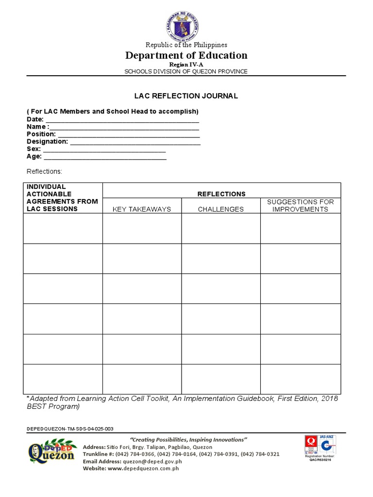 Department of Education: Lac Reflection Journal | PDF