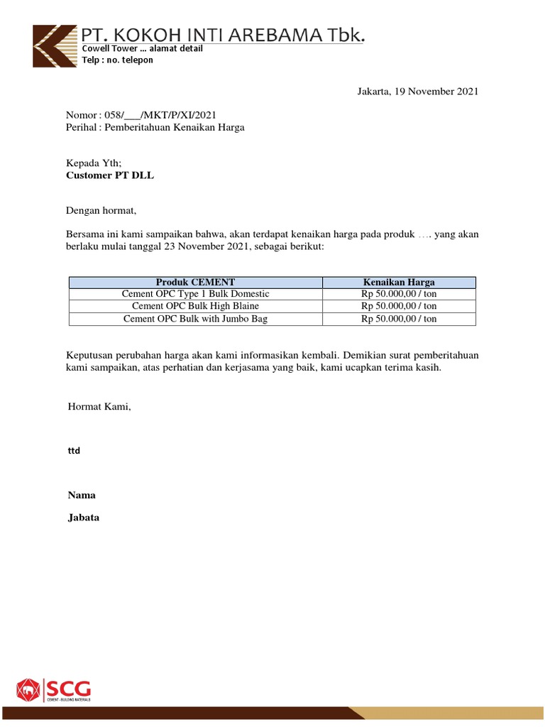 Contoh Surat Pemberitahuan Kenaikan Harga November 2021 | PDF