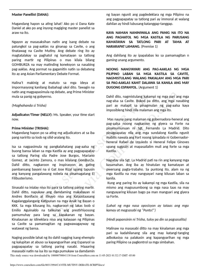 Cavite Mutiny Debate Script | PDF