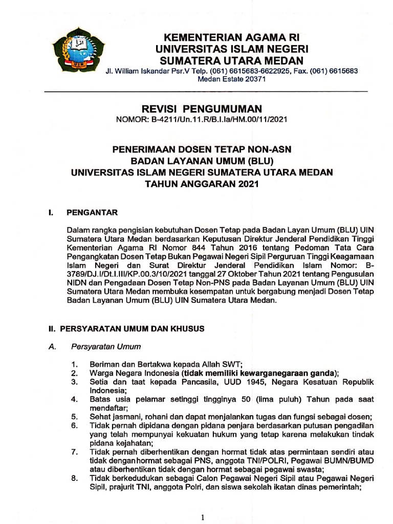 Revisi Pengumuman Penerimaan Dosen Tetap Non PNS Uin Su Medan 1 1 | PDF