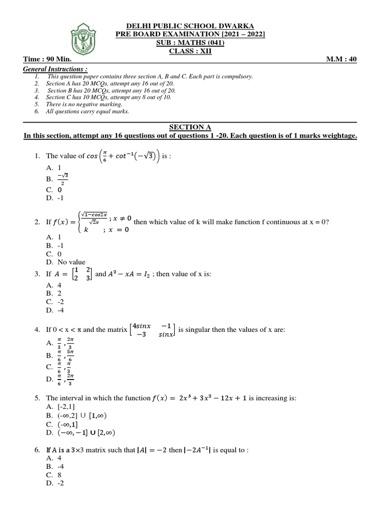 Class 12 MATHS PAPER PRE BOARD 2021 | PDF | Matrix (Mathematics ...