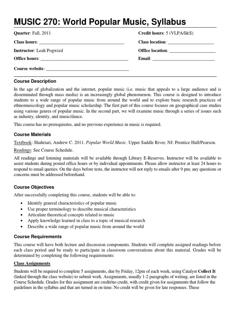 MUSIC 270: World Popular Music, Syllabus | PDF | Test (Assessment ...
